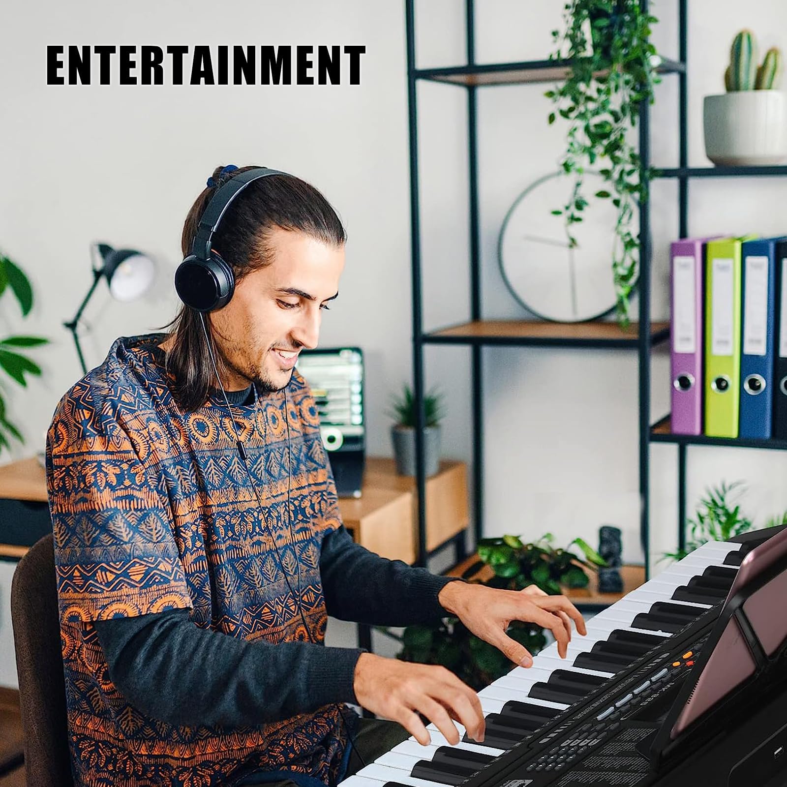 Fujampe 61Key Keyboard Piano W/Lighted Keys, LCD Display, Piano Bench, Microphone, Headphones, Note Stickers, Keyboard Stand, Music Stand, Electric Portable Piano Keyboard for Beginners