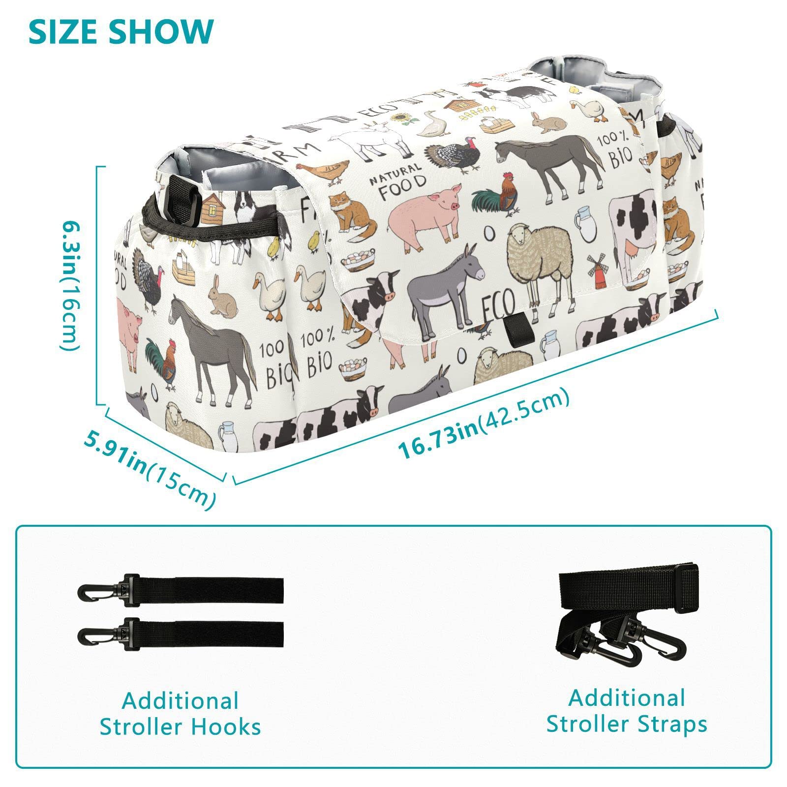 Kigai Farm Animals Baby Stroller Organizer with Cup Holders, Secure Hooks Accessories Adjustable Strap Stroller Bag for Bottle, Diaper, Phone, Toys, Baby Items