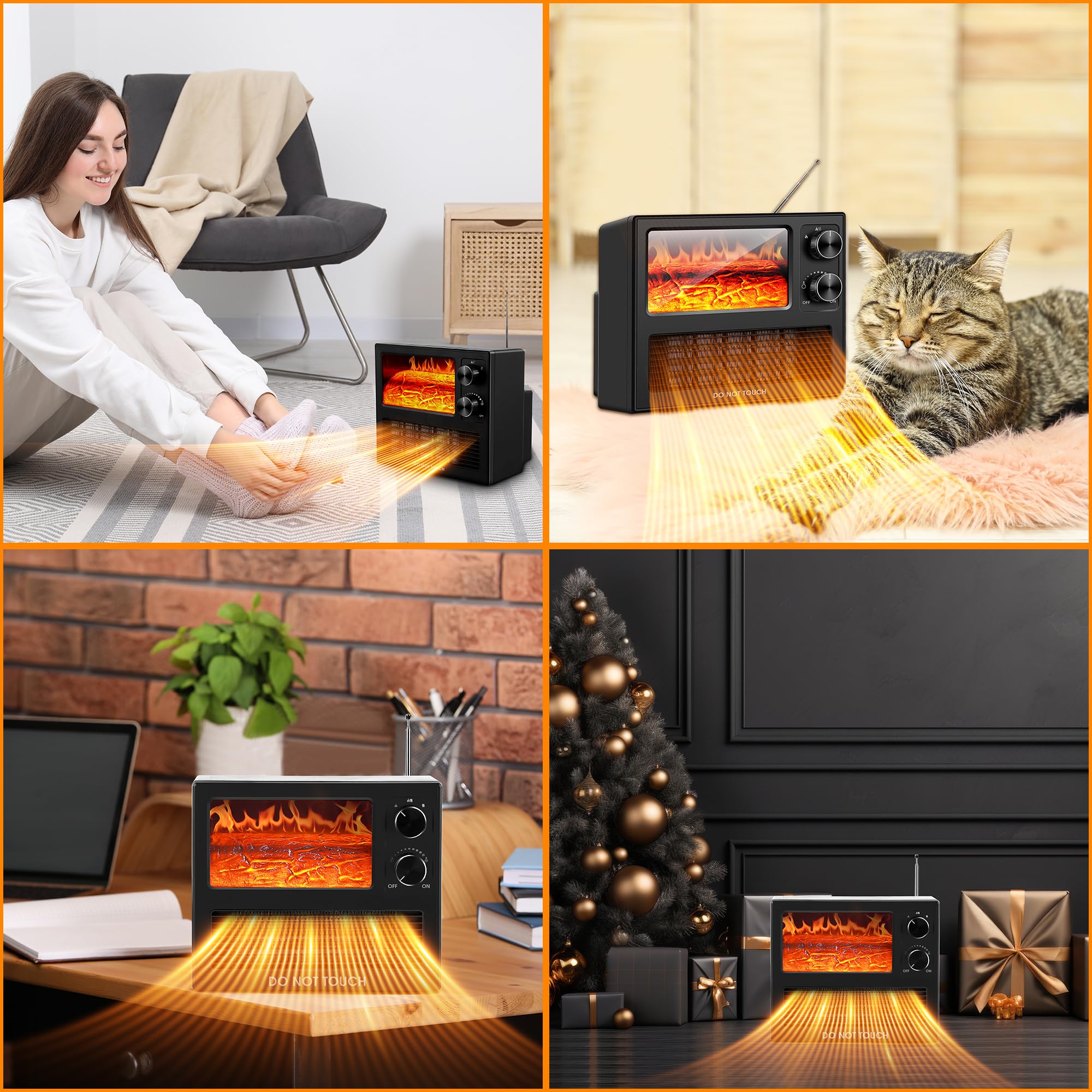 Feekoon Small Electric Space Heater, 1000W Portable Fireplace Heaters with Realistic Flame Effect, Overheat Protected Desk Heater for Office Indoor Use
