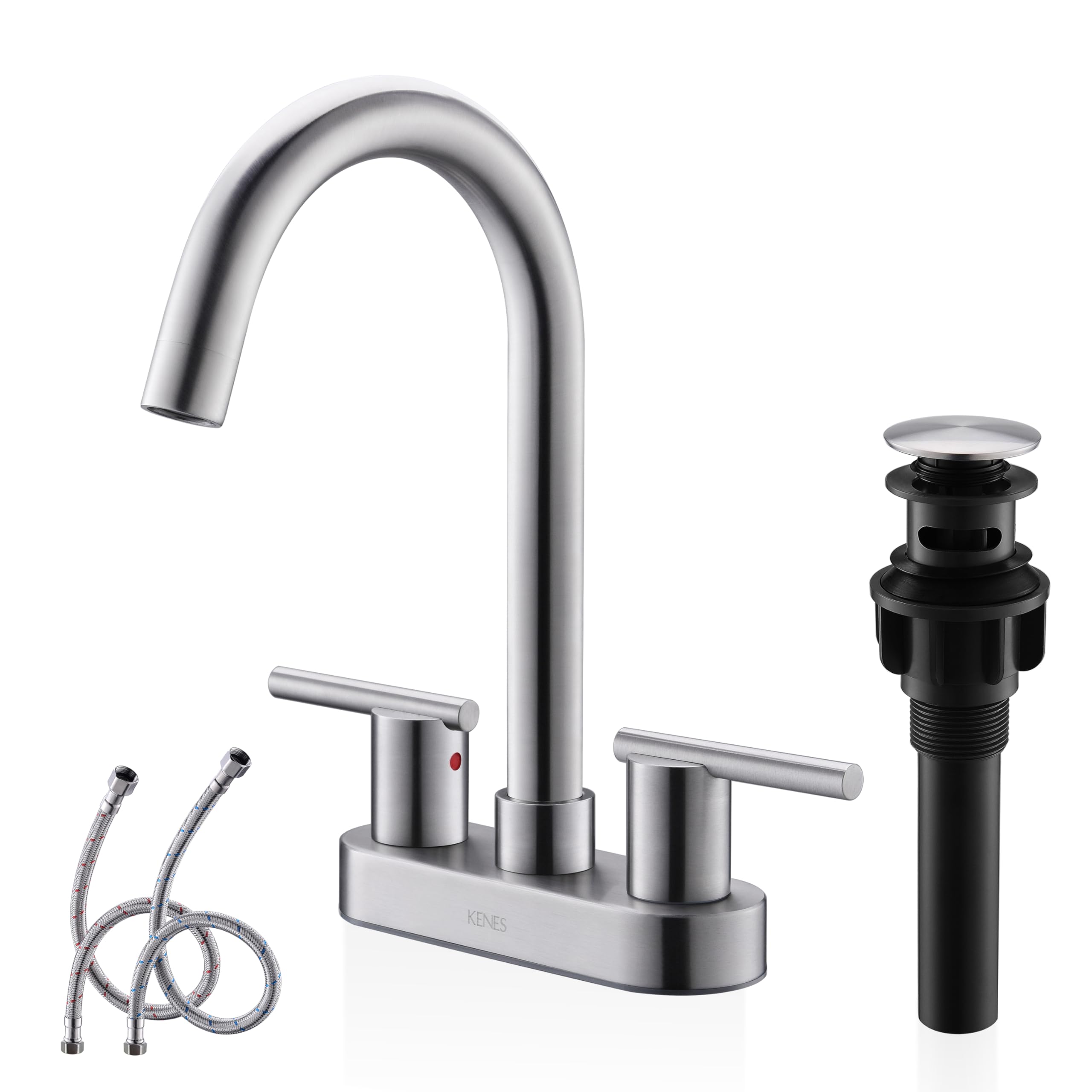KENES 4 Inch 2 Handle Centerset Bathroom Faucet, Brushed Nickel Lead-Free Modern Commercial Bathroom Sink Faucet, with Pop Up Drain and Two Water Supply Lines, KE-9019