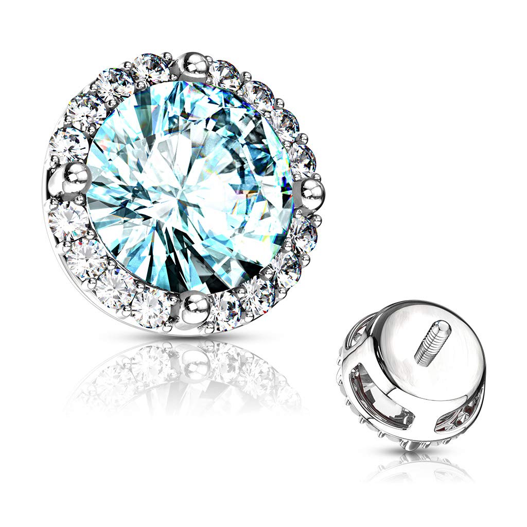 FIFTH CUE 14G Round Prong Set CZ Center w/CZ Around 316L Surgical Steel Internally Threaded Dermal Top (Clear/Aqua)