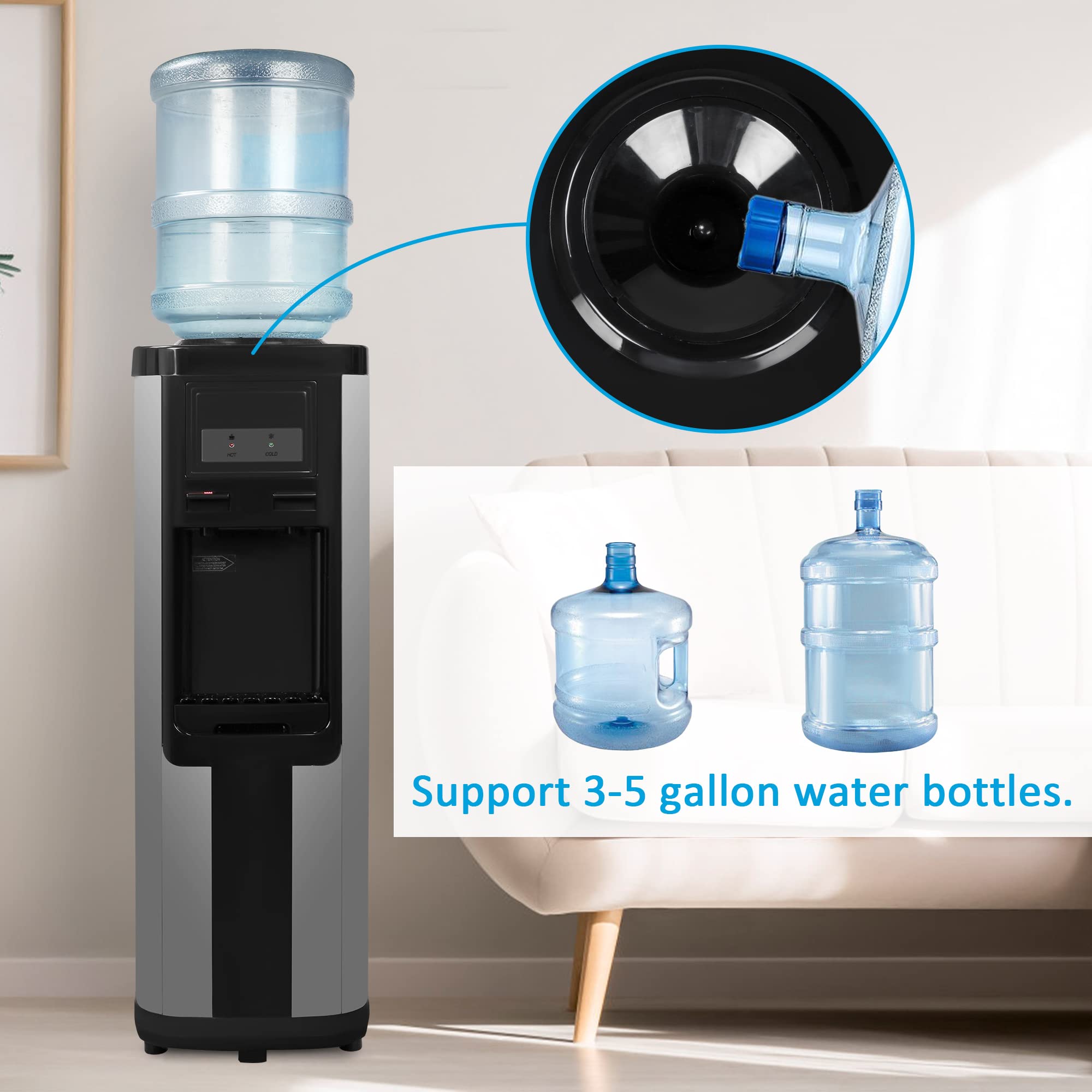E-Macht Top Loading Water Cooler Dispenser for 3 & 5 Gallon Water Bottles, Hot & Cold Water, Child Safety Lock, Stainless Steel, ETL Approved, Black