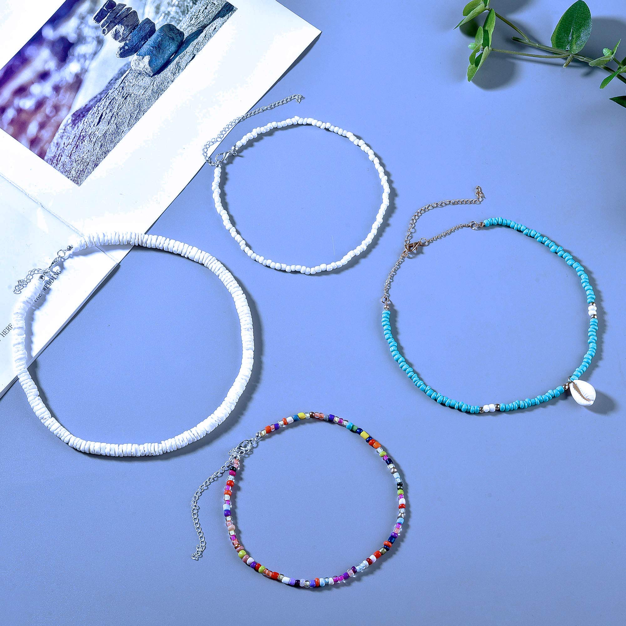 FUNEIA 8PCS Shell Choker Necklaces for Women Puka Shell Necklace Pearl Necklace Bohemian Beaded Necklaces Set Adjustable