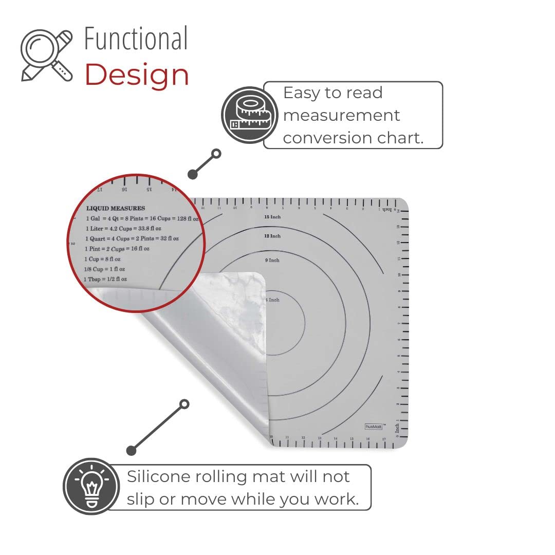 husMait Silicone Rolling Mat - Premium Kitchen Pastry Mat for Rolling and Baking Prep - Great for Making Dough, Pastries, Pizza and Pie