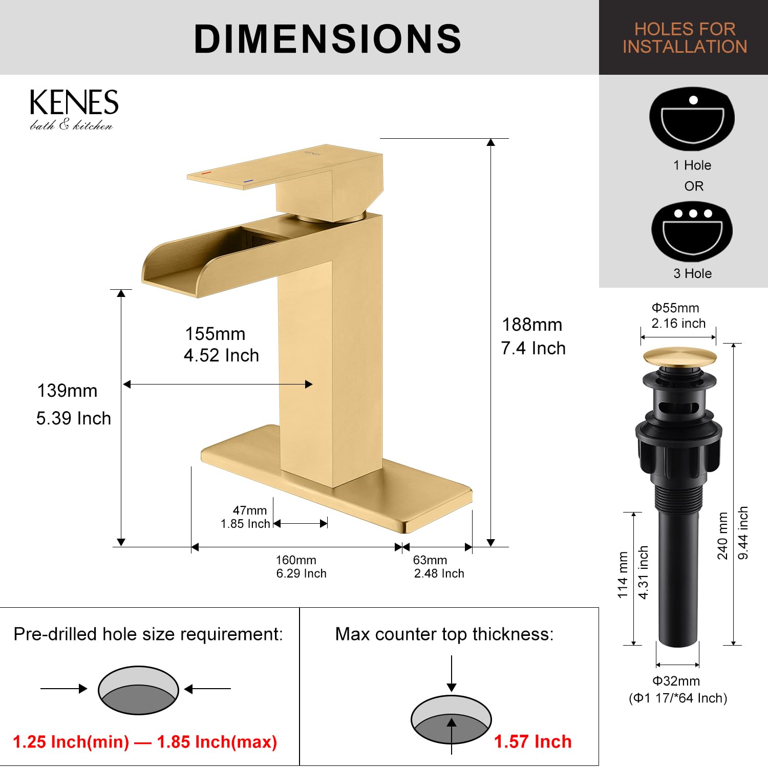 KENES Brushed Gold Waterfall Bathroom Faucet, Modern Single Hole Faucet, Gold Single Handle Bathroom Sink Faucet, with Pop Up Drain & Water Supply Hoses LJ-9035-4