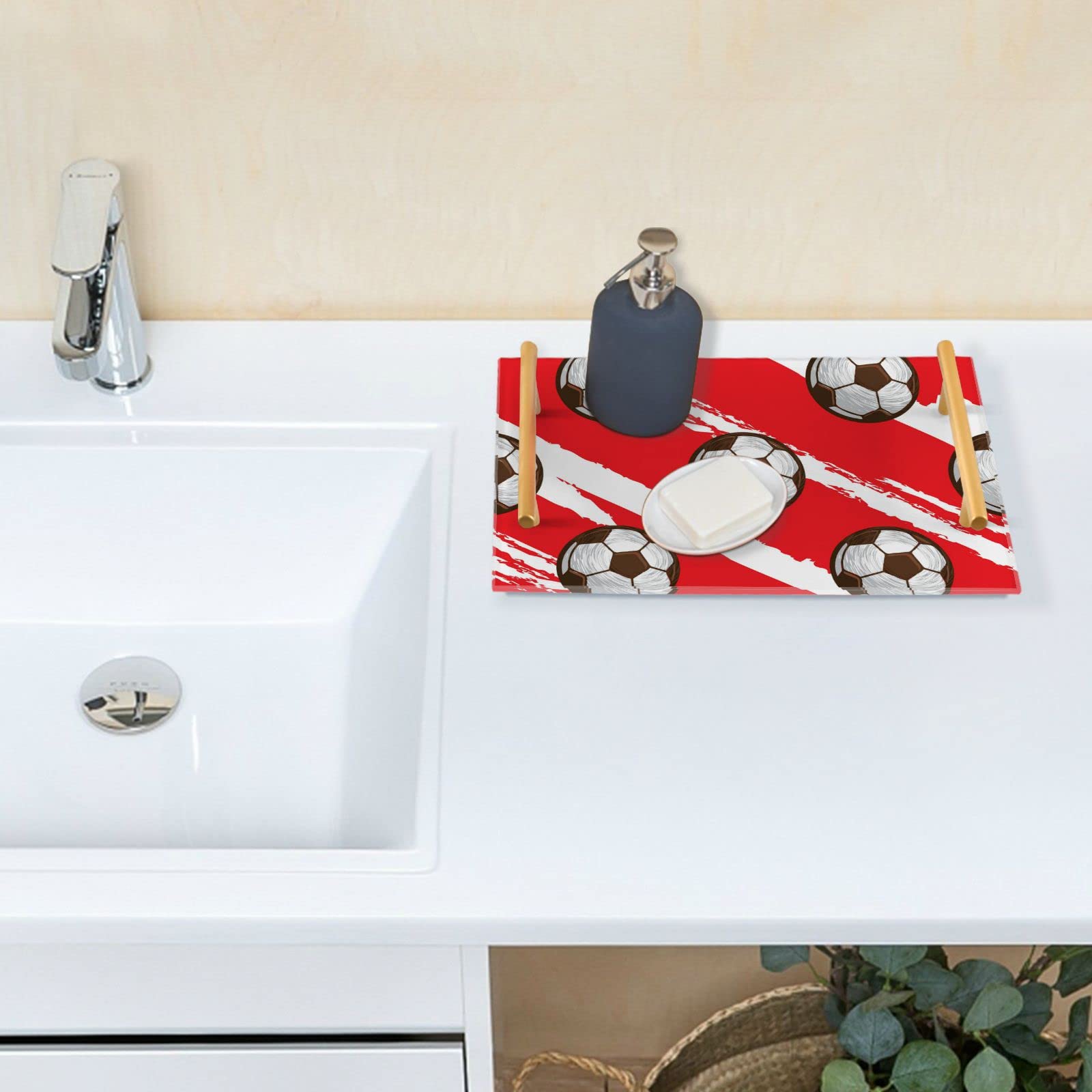 Football and Soccer Bathroom Vanity Tray for Countertop Decorative Trays with Handles Acrylic Hand Towel Tray for Shampoo Perfume Home Decor