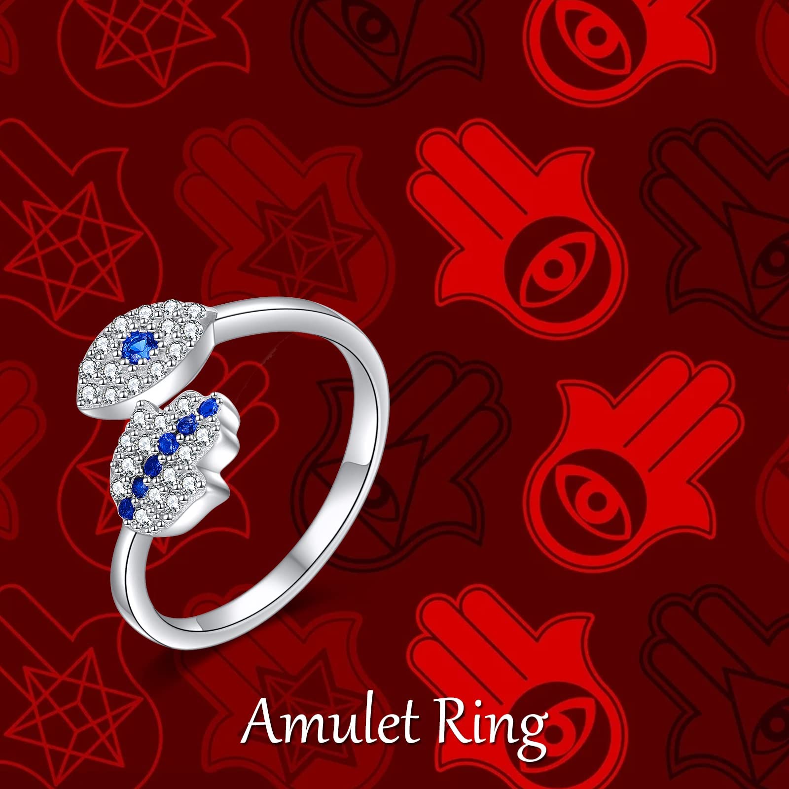 HUKKUN Evil Eye Rings for Women 925 Sterling Silver Cute Adjustable Stacking Ring Hamsa Hand Jewelry Delicate Blue Third Eye Jewelry Gift for Best Friend/Daughter