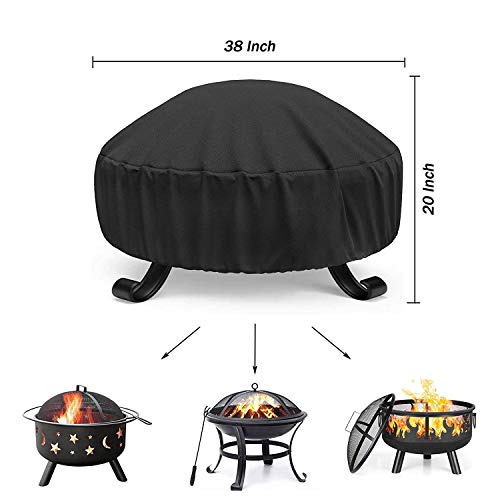 KISEER Fire Pit Cover Heavy Duty Waterproof Round Fire Pit Bowl Cover with Thick PVC Coating Drawstring, 38 Inch, Black