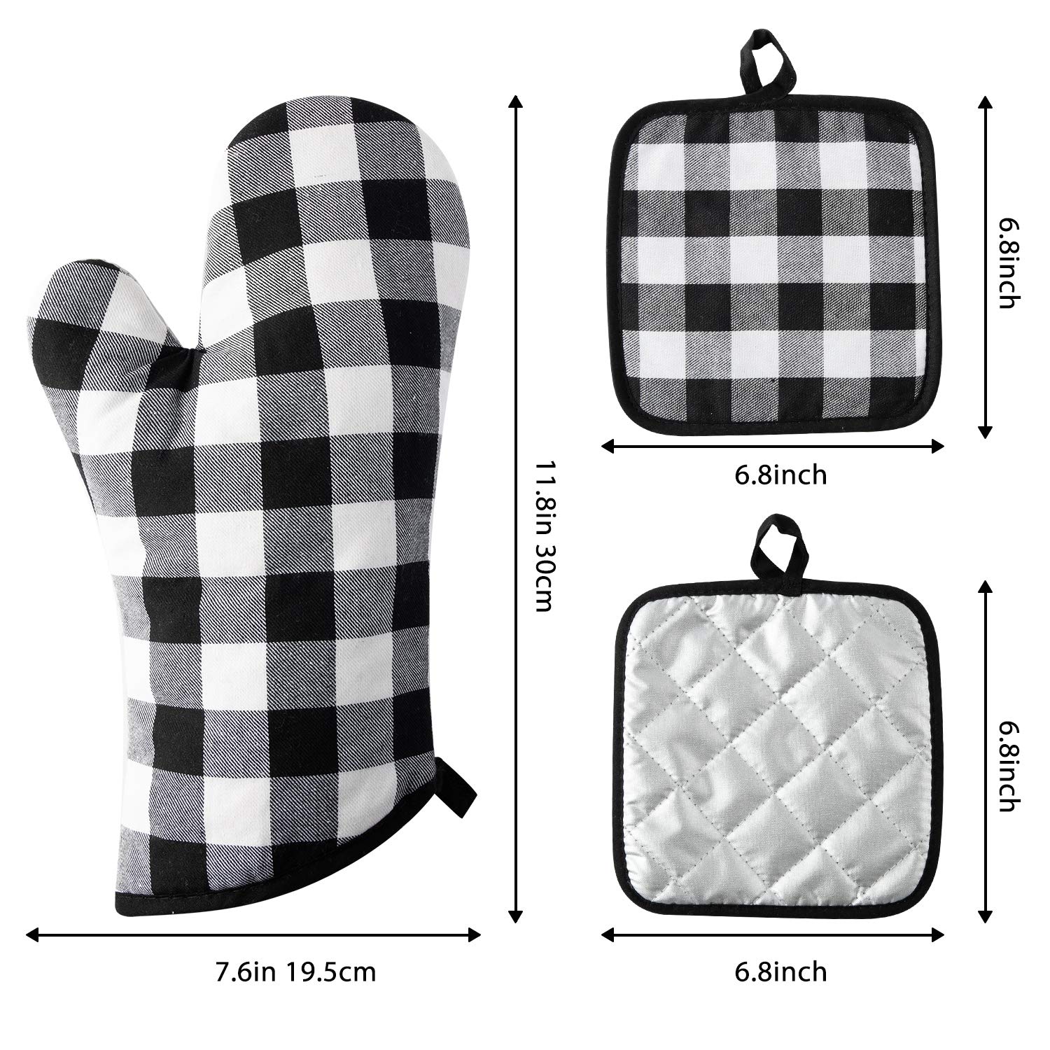 GROBRO7 6Pcs Buffalo Check Plaid Oven Mitts and Pot Holders Set Pure Cotton Heat Resistant Potholders Washable Durable BBQ Gloves with Hanging Loop for Safe Kitchen Baking Cooking Grilling White&Black