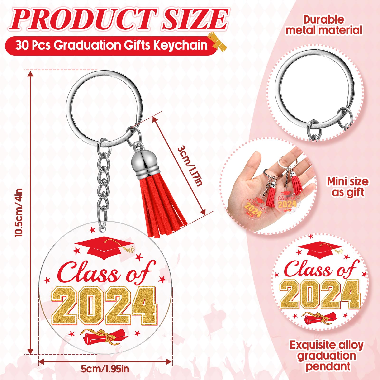 Kigeli 30 Pcs Class of 2024 Graduation Keychains Gifts Acrylic Keychains with Tassel for College High School(Red)