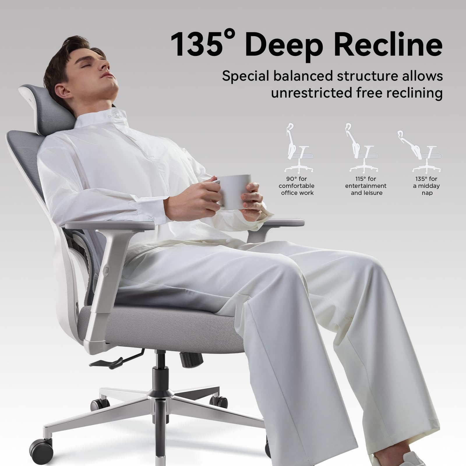 Hbada P2 Ergonomic Office Chair with 3D Lumbar Support, Big and Tall Mesh Chairs with Adjustable 3D Arms, Headrest & Comfortable Seat, Home Office Desk Chair, White