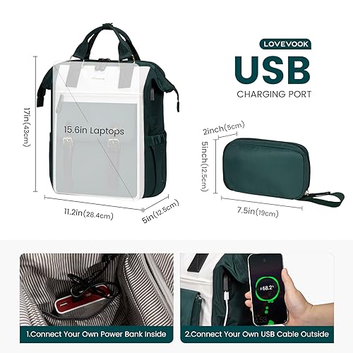LOVEVOOK Laptop Backpack for Women, Teacher Nurse Bag Work Travel Computer Backpacks Purse,Water Resistant Daypack with USB Charging Port,Beige Green 15.6in