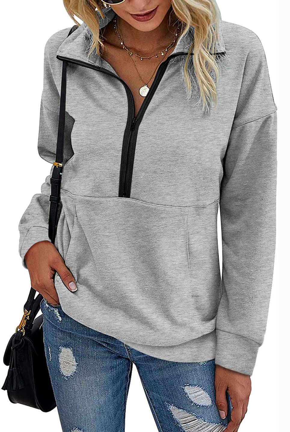 Glanzition Grey Sweatshirt for Women Winter Long Sleeve Zip Up Collar Pullover Sweatshirts L