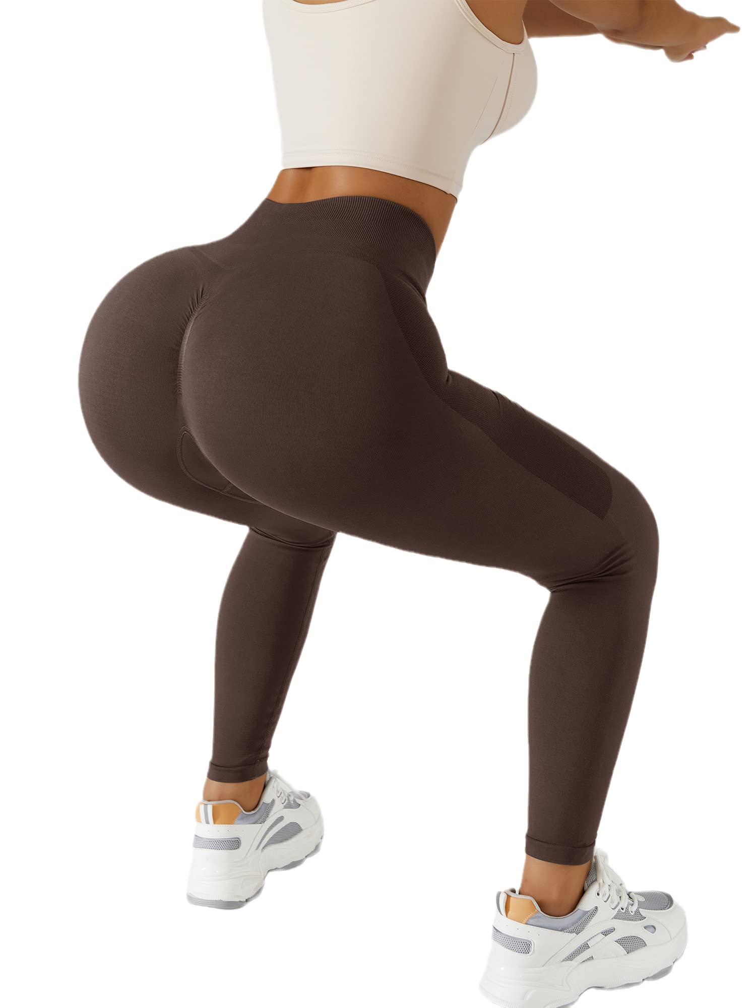 Fishfit Women's Seamless Scrunch Legging Workout Leggings for Women High Waisted Gym Running Yoga Pants (Dark Brown, Medium)