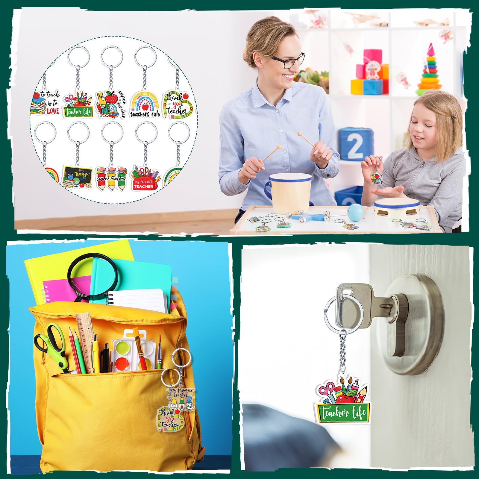Kigeli 60 Pcs Teacher Keychain Bulk Teacher Appreciation Gifts in Bulk Acrylic Key Rings Teacher Gift Teacher Accessories