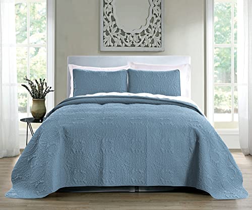 Quilt Set King/Cal King/California King Size Ash Blue - Oversized Bedspread - Soft Microfiber Lightweight Coverlet for All Season - 3 Piece Includes 1 Quilt and 2 Shams, Geometric Pattern