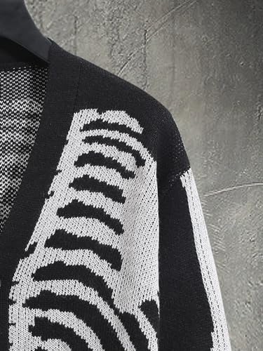 SHENHE Men's Skeleton Print Long Sleeve Cardigan Sweaters V Neck Button Down Outwear Coats Black L