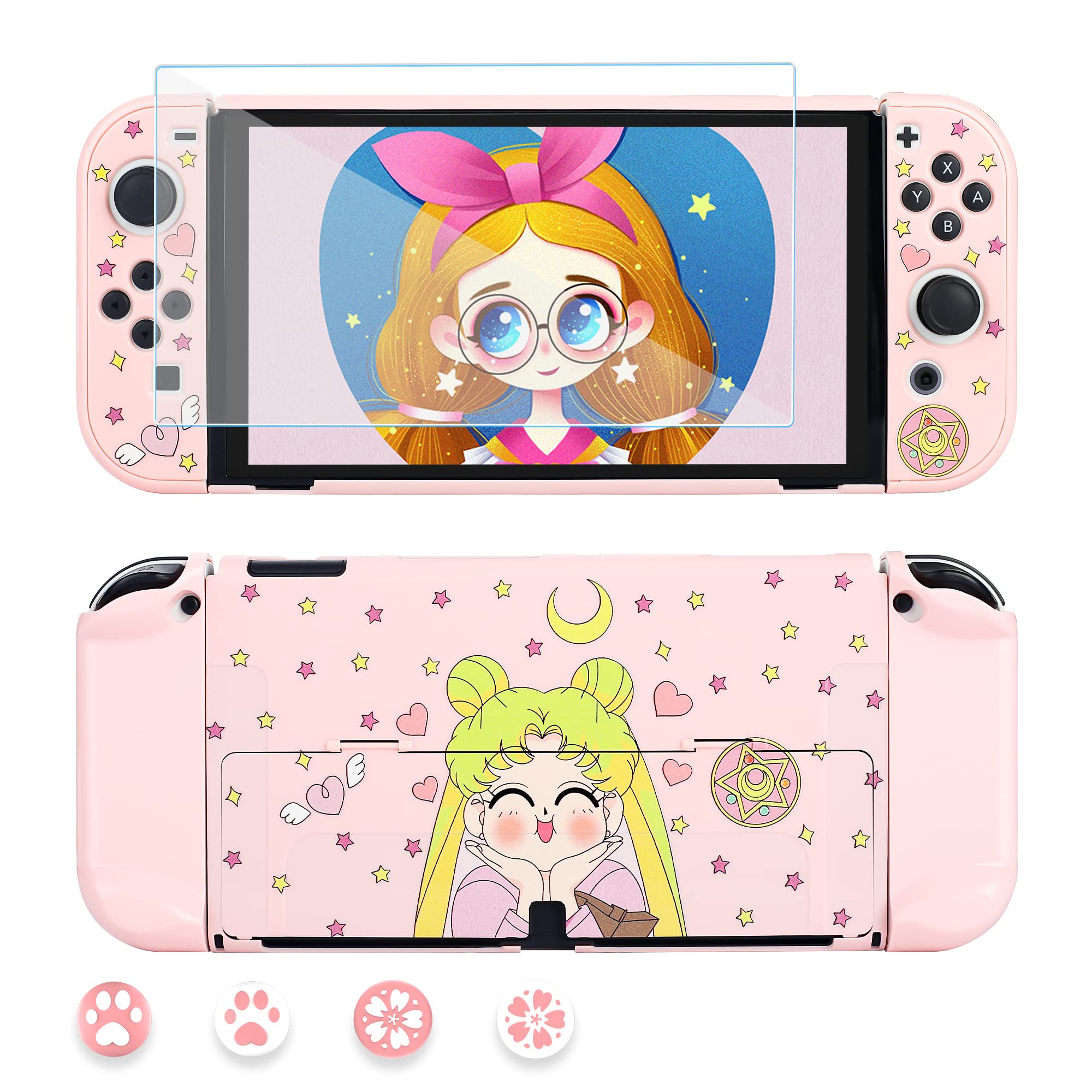GLDRAM Anime Girl Protective Case for Nintendo Switch OLED, Cute Dockable Case Cover Compatible with Switch OLED Console and Joy Con, Hard PC Pink Skin Accessories with 4 Thumb Caps & Screen Protector
