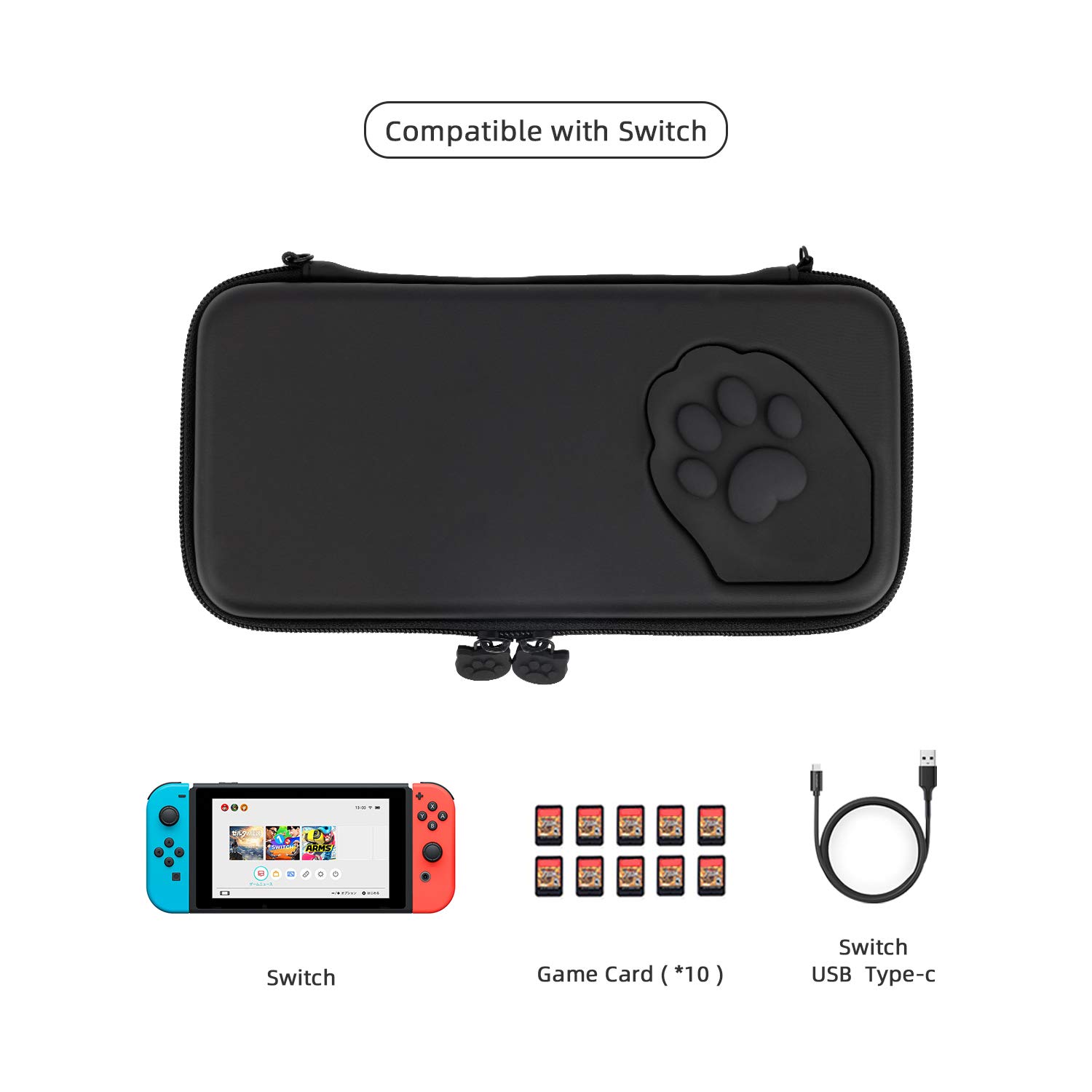 GeekShare Cat Paw Case for Switch - Portable Hardshell Slim Travel Carrying Case fit Switch/Switch OLED Console & Game Accessories - A Removable Wrist Strap (Classic Black