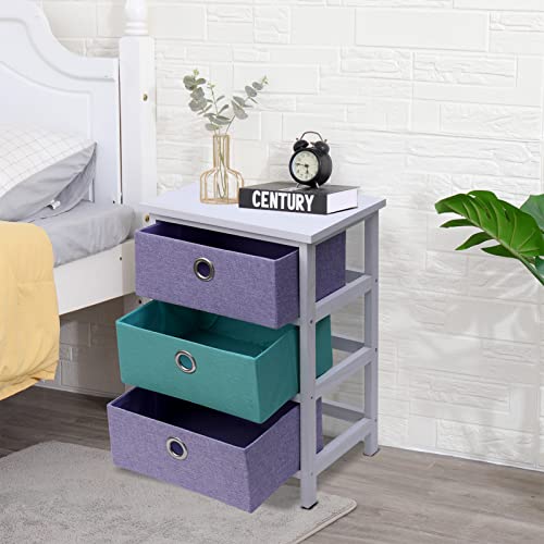 NO MORE TAG Nightstand Set of 2, Small Nightstand with 3 Fabric Drawers, Bedside Table for Bedroom, Sturdy Wood Frame, Wood Top, Easy Pull Handle,Easy Assembly,Purple