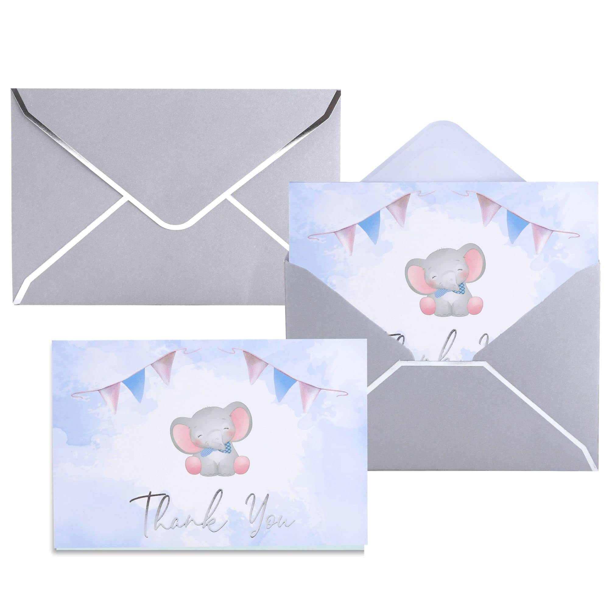 Winoo Design Heavy Duty Baby Shower Thank You Cards Boy - 36 PK - Silver Letterpress Elephant Thank You Cards Baby Shower Baby Boy Thank You Cards Cute Watercolor Thank You Cards Blue