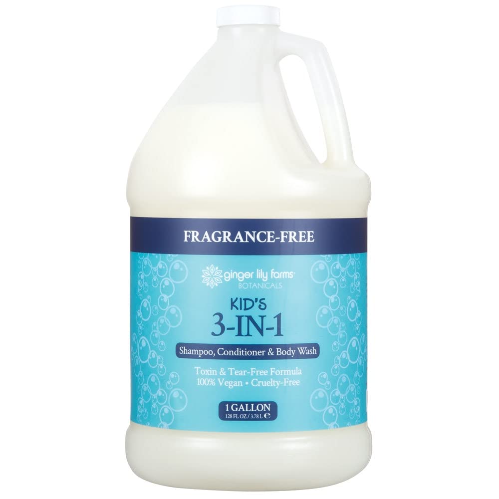 Ginger Lily Farms Botanicals Kid's 3-in-1 Shampoo, Conditioner & Body Wash, Tear-Free Formula, 100% Vegan & Cruelty-Free, Fragrance-Free, 1 Gallon (128 fl oz) Refill
