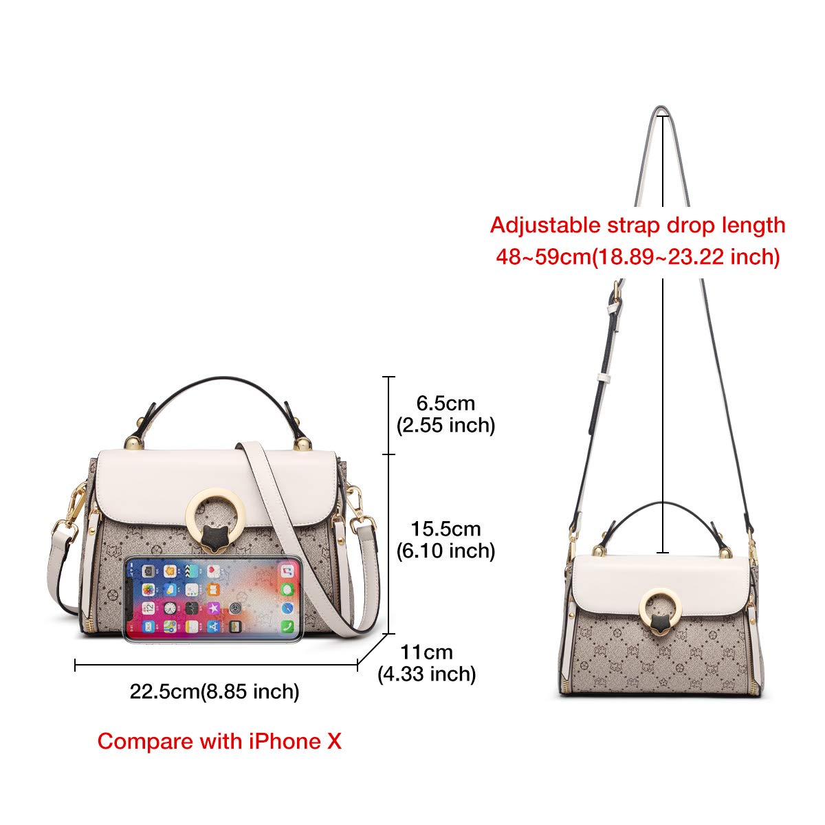 FOXLOVER Small Crossbody Bag for Women PVC Leather Detachable Strap Lightweight Twist Lock Flap(White-Small size)