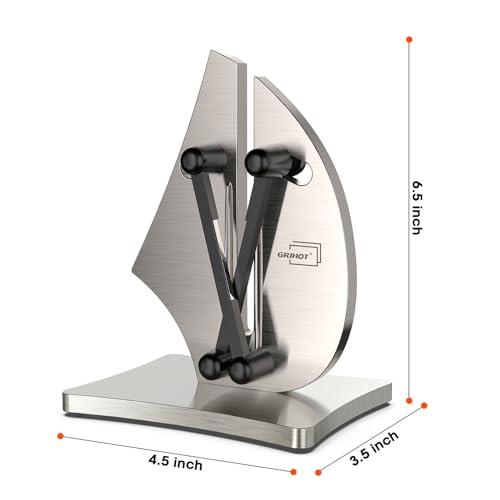 Grihot Professional Knife Sharpener | 3-Function Knife Sharpeners for Kitchen Knives, Self-Adjusting Sharpening AngleSolid Stainless Steel and Tungsten Carbide (Upgrade Sailboat Shape)