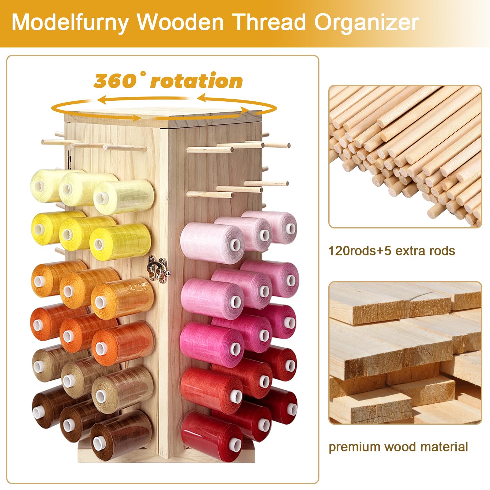 Modelfurny 120 Spools Wooden Thread Holder 360°Rotating Embroidery Thread Organizer,Double Doors Thread Rack/Thread Stand,Diy Spools Thread Braiding Holder Storage for Sewing,Quilting,Hair-Braiding