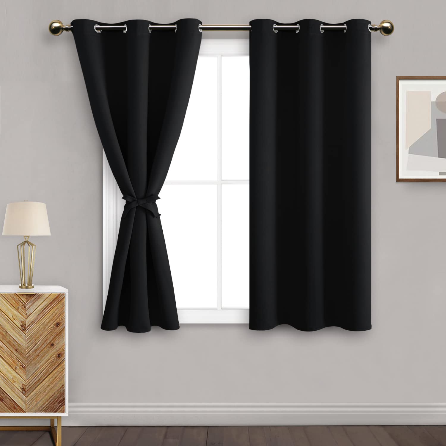DWCN Black Blackout Curtains for Bedroom with Tiebacks - Thermal Insulated Light Blocking Grommet Window Curtains for Living Room, 38 x 45 inch Length, Set of 2 Panels