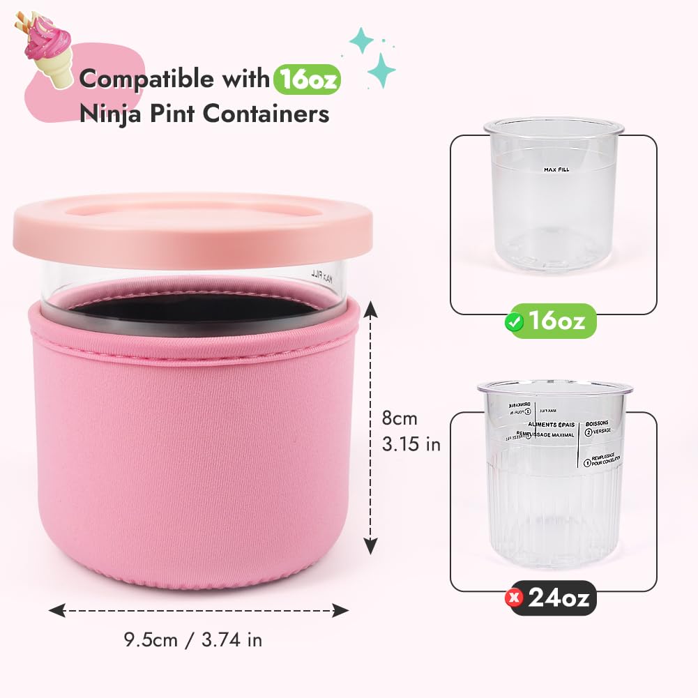 GINOYA Ice Cream Sleeve for Ninja NC301 Pints, 4pcs Reusable Insulated Neoprene Sleeves Accessories Compatible with NC300 NC299AMZ Series Ice Cream Maker Containers, 16Oz (Tups Not Included)