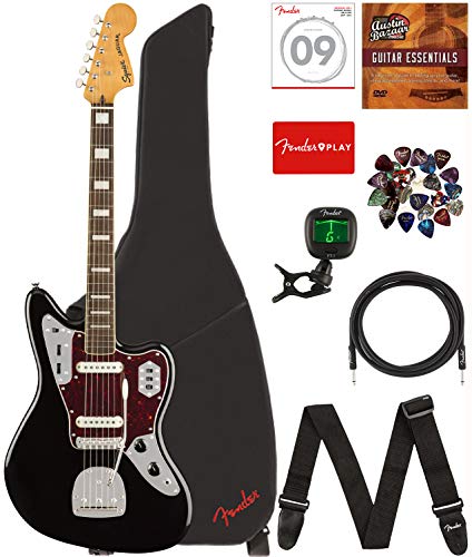 Fender Squier Classic Vibe '70s Jaguar - Black Bundle with Gig Bag, Instrument Cable, Tuner, Strap, Strings, Picks, and Austin Bazaar Instructional DVD