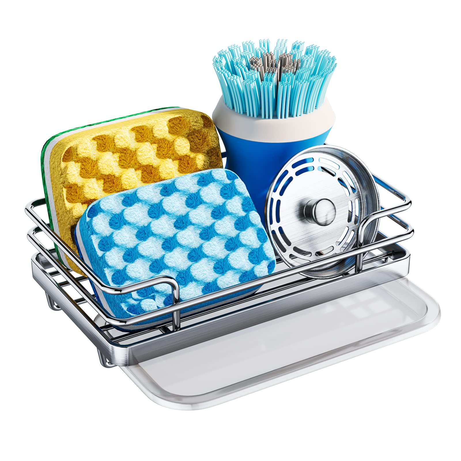 HapiRm Multifunctional Kitchen Sink Caddy, Rustproof Stainless Steel Sink Sponge Holder with Drawable Drain Tray, Kitchen Sink Organizer for Sponge, Brush -Silver(6.1 * 3.74 * 1.96in)