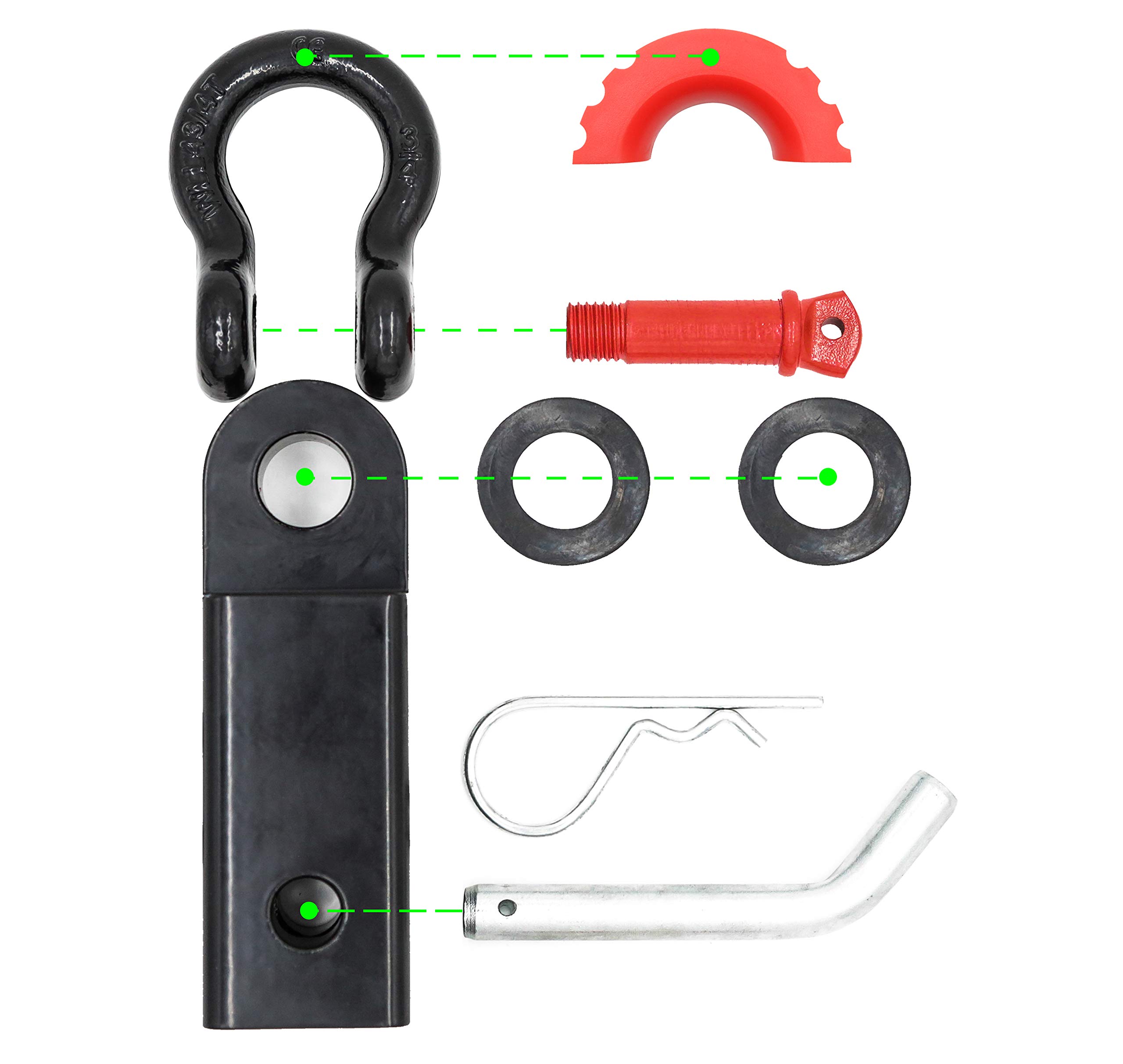 Forged Shackle Hitch Receiver (42000 Lbs Max Break) 2" Receiver & Pin + 3/4" Shackle, with Isolator & Washers. Heavy Duty Powder Coated