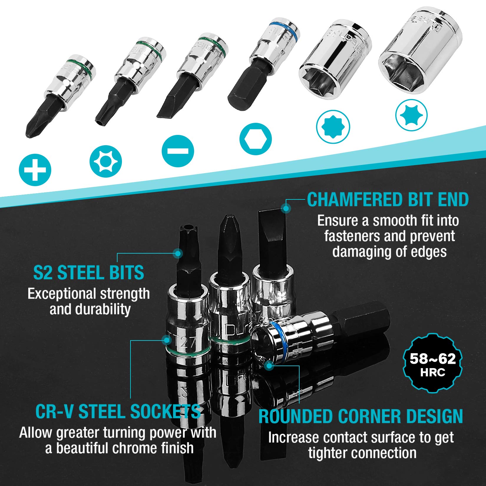 DURATECH 1/4" Socket Set, 51 Piece Tool Set Including Standard(SAE) and Metric Sockets, Bit Sockets, Ratchet and Universal Joint