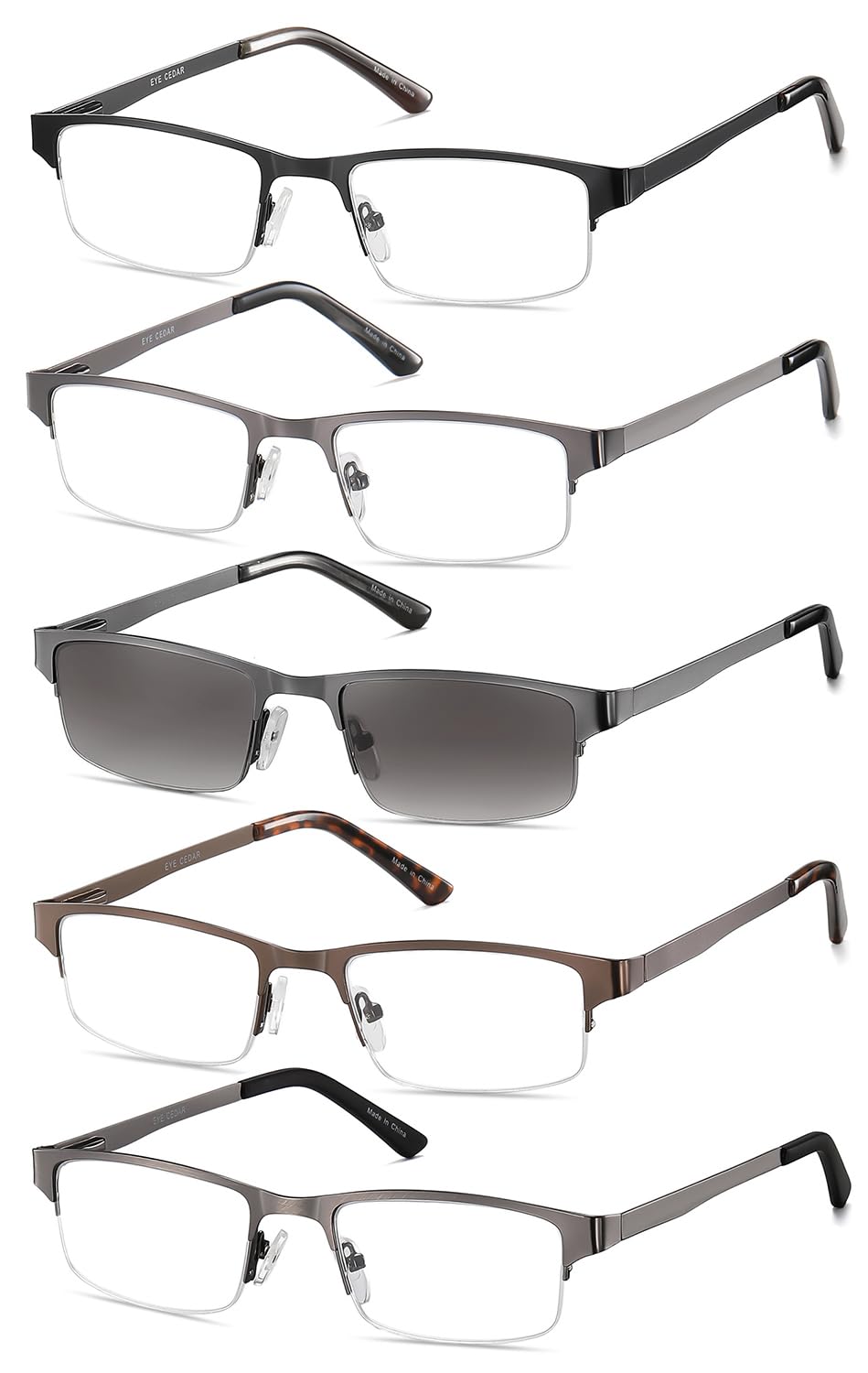 EYECEDAR 5-Pack Reading Glasses for Men Rectangular Metal Half-Frame Spring Hinges with Sun Readers Glasses Mens Readers 1.50