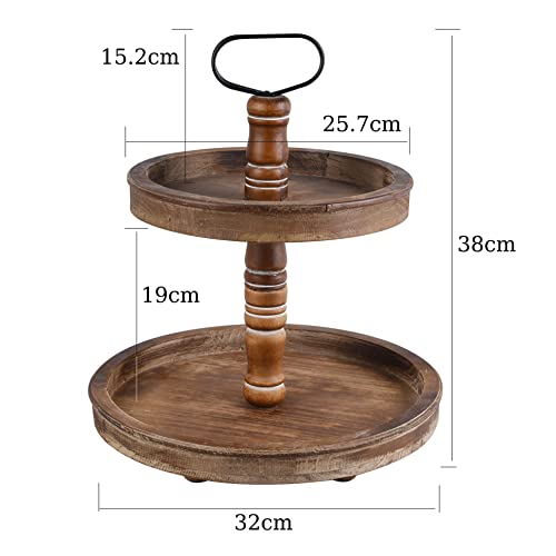 Funly mee Distressed Rustic Brown Wood Two-Tier Tray with Metal Handle,Decorative Organizer for Kitchen Counter Top, Dining Room Table