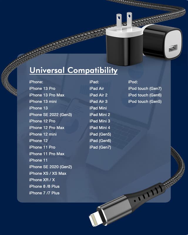 iPhone Charger,Long 10ft Apple Charger for iPhone 2Pack[Apple MFi Certified] Braided Fast Charging Lightning Cable Cord USB Wall Charger Block Plug for iPhone 13 12 11 Pro Max XR XS X 8 Plus 7 SE iPad