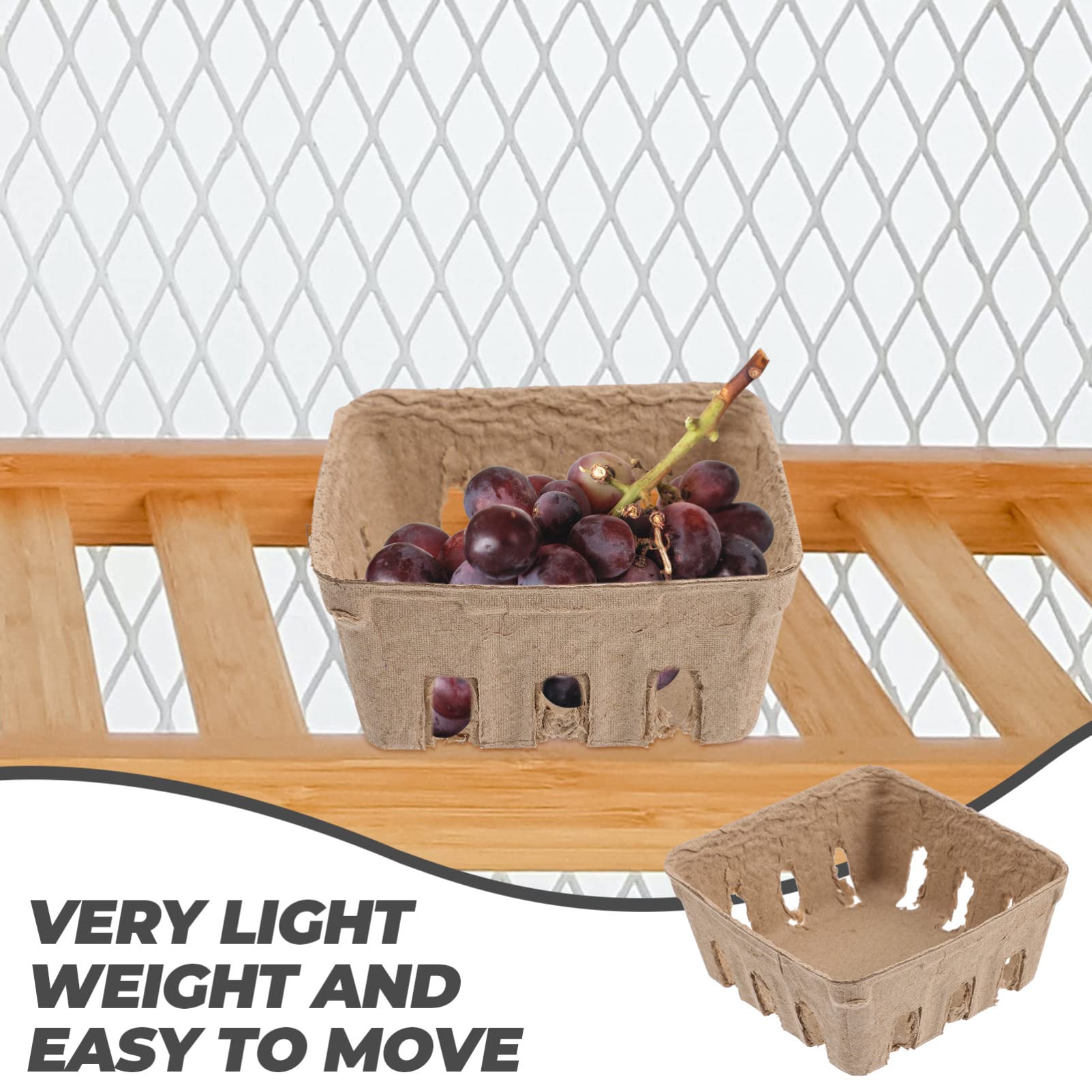 GANAZONO Bushel Basket 50pcs Square Paper Berry Basket Pulp Fiber Produce Vented Container Holder Box Fruit Tray for Fruit Vegetable Farmer Market Grocery Packaging Desktop Stand