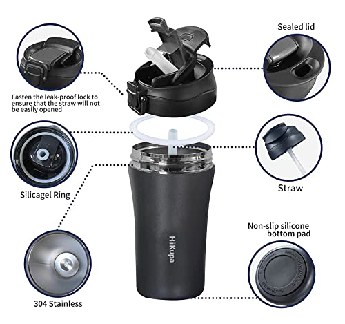 HiKupa Insulated Travel Mug with Straw and Leakproof Lid, Double Wall Stainless Steel, for Hot and Cold Drinks (Pink)