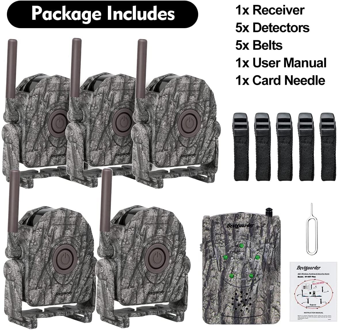 Wireless Alarm System Kits, 300M Wide Range IR Night Vision Alarm in Full Dark Outdoor Weather Resistant 5 Motion Sensor Detector &1 Receiver for Perimeter Trip, Fence Trail Wild Hunting Blind Trap