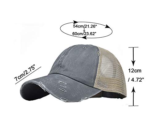 Eohak Distressed Ponytail Hats Baseball for Women Messy-Bun Pony Caps (Black+Grey)