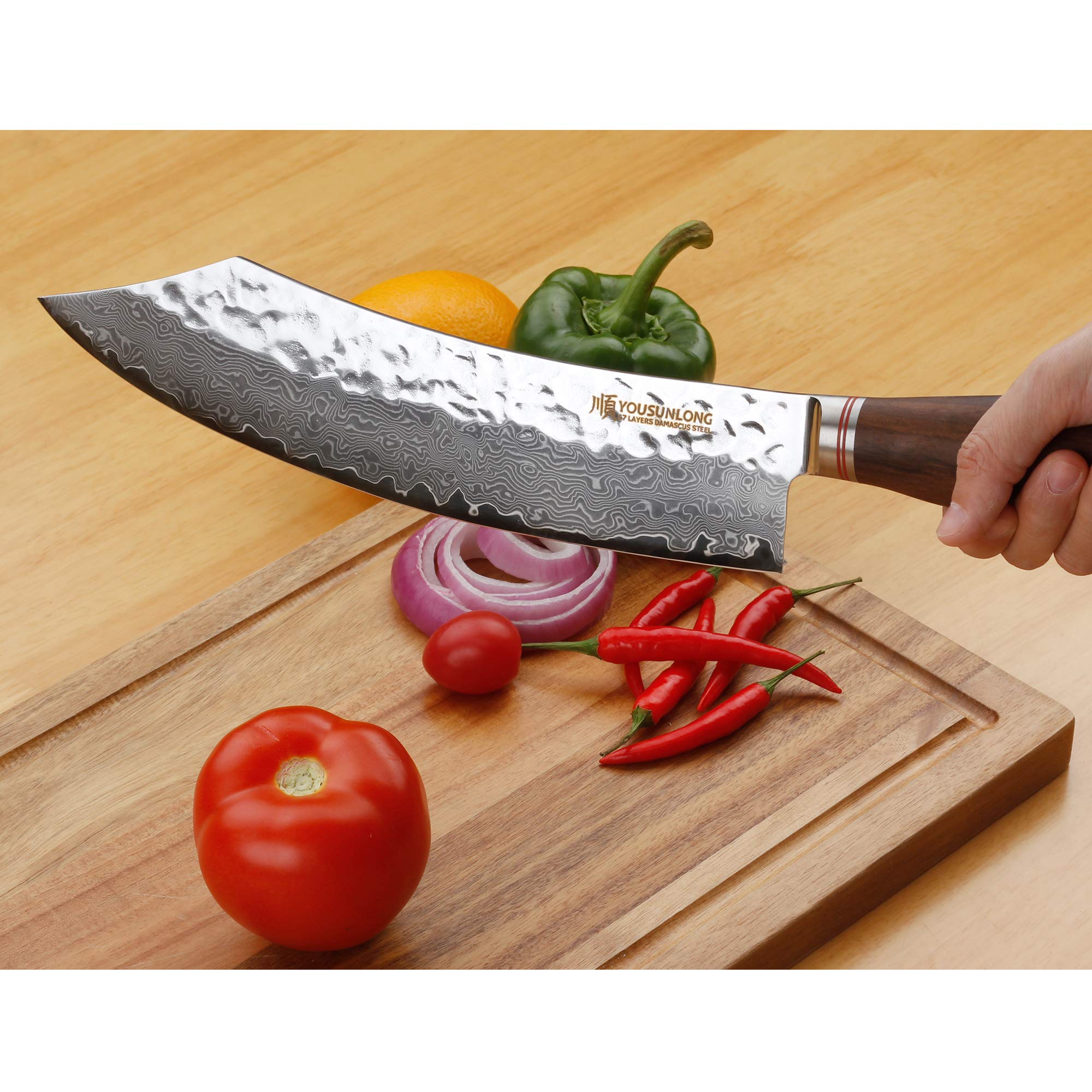 YOUSUNLONG Butcher Knife Pro 10" Cimitar Hybrid Cleaver Japanese Hammered Damascus Steel Razor Sharp - Natural Leadwood Handle