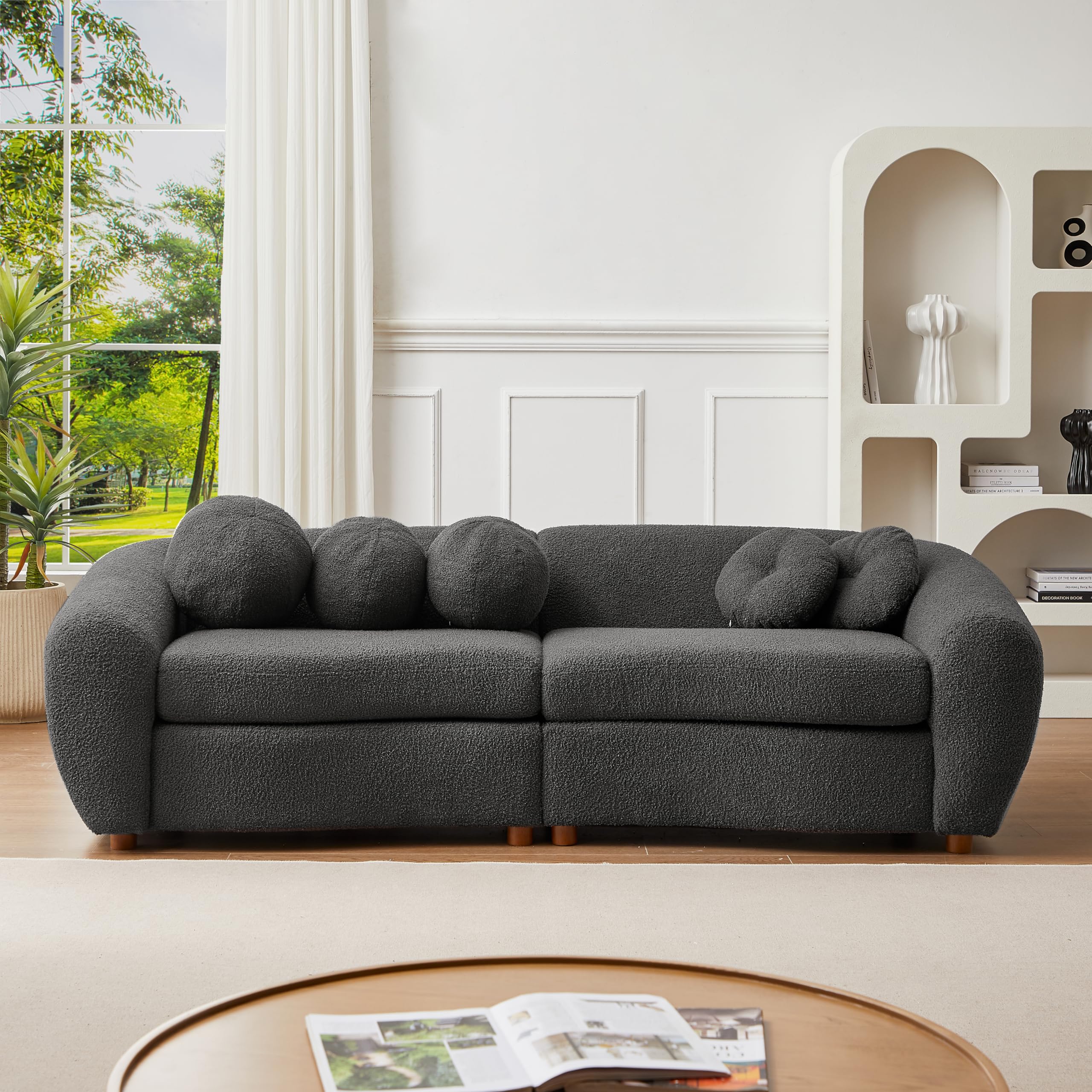Modern Cloud Curved Sofa Comfy Boucle Couch, Luxury 3-Seat Teddy Fabric Upholstered Leisure Deap Seat Sectional Sofá with 5 Decorative Throw Pillows for Living Room