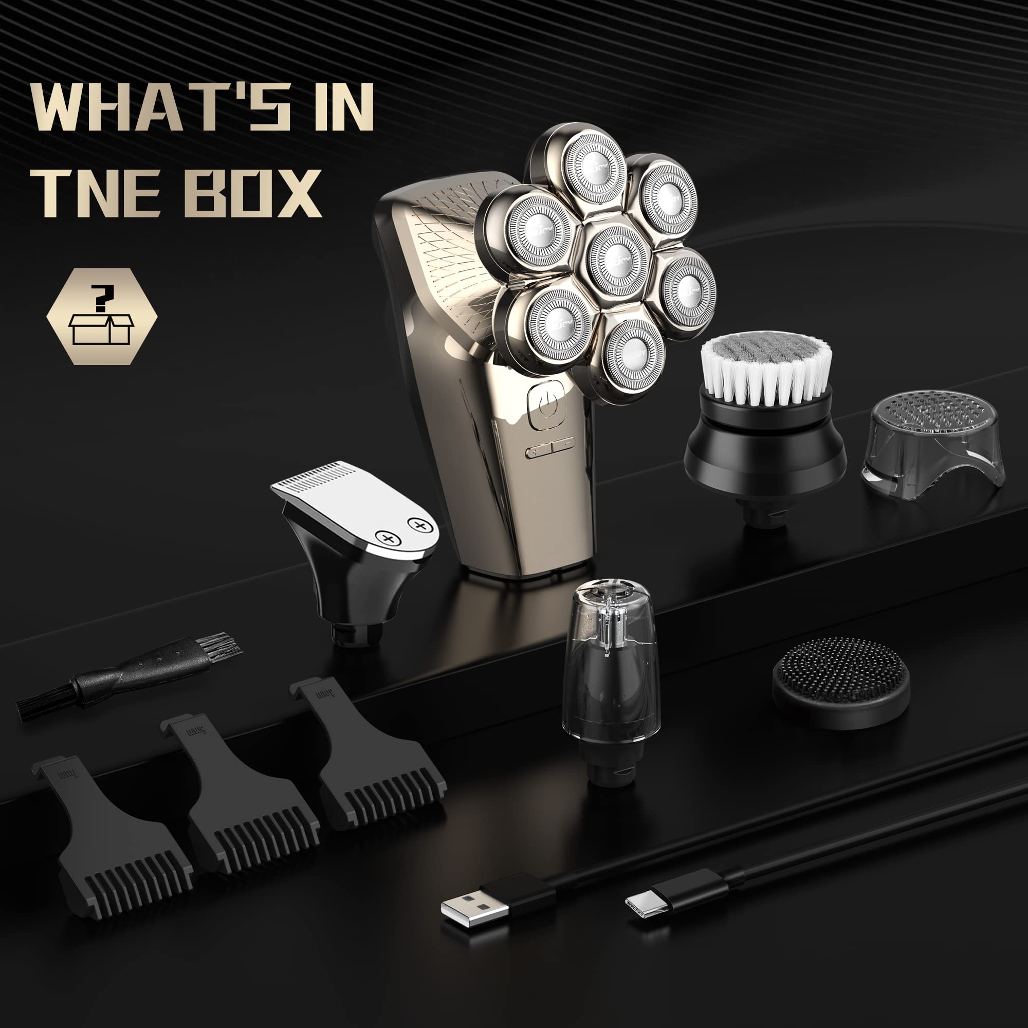 Head Shaver for Bald Men, Electric Razor for Men 5-in-1 Multifunctional Electric Head Shaver Bald Clippers for Men Wet/Dry Waterproof 7D Rotary Shaver Grooming Kit Rechargeable with LED Display