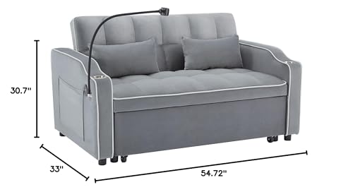 Modern Foldable Sofa Bed with USB Charging Ports,Pull Out Velvet Loveseat Sleeper with Swivel Phone Stand,Futon Couch with Cup Holders & Adjustable Backrest for Living Room,Gray