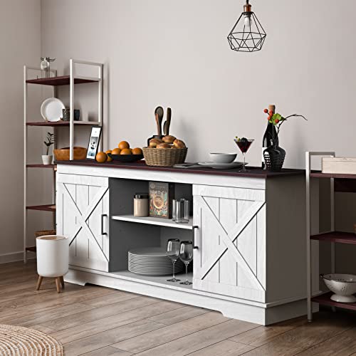 YITAHOME Buffet Cabinet, 59.5β Farmhouse Sideboard Buffet Storage Cabinet with Barn Door Coffee Bar Cabinet with Capacity 300 lbs for Home Dinning Living Room, Grey White/Espresso, 26β Height