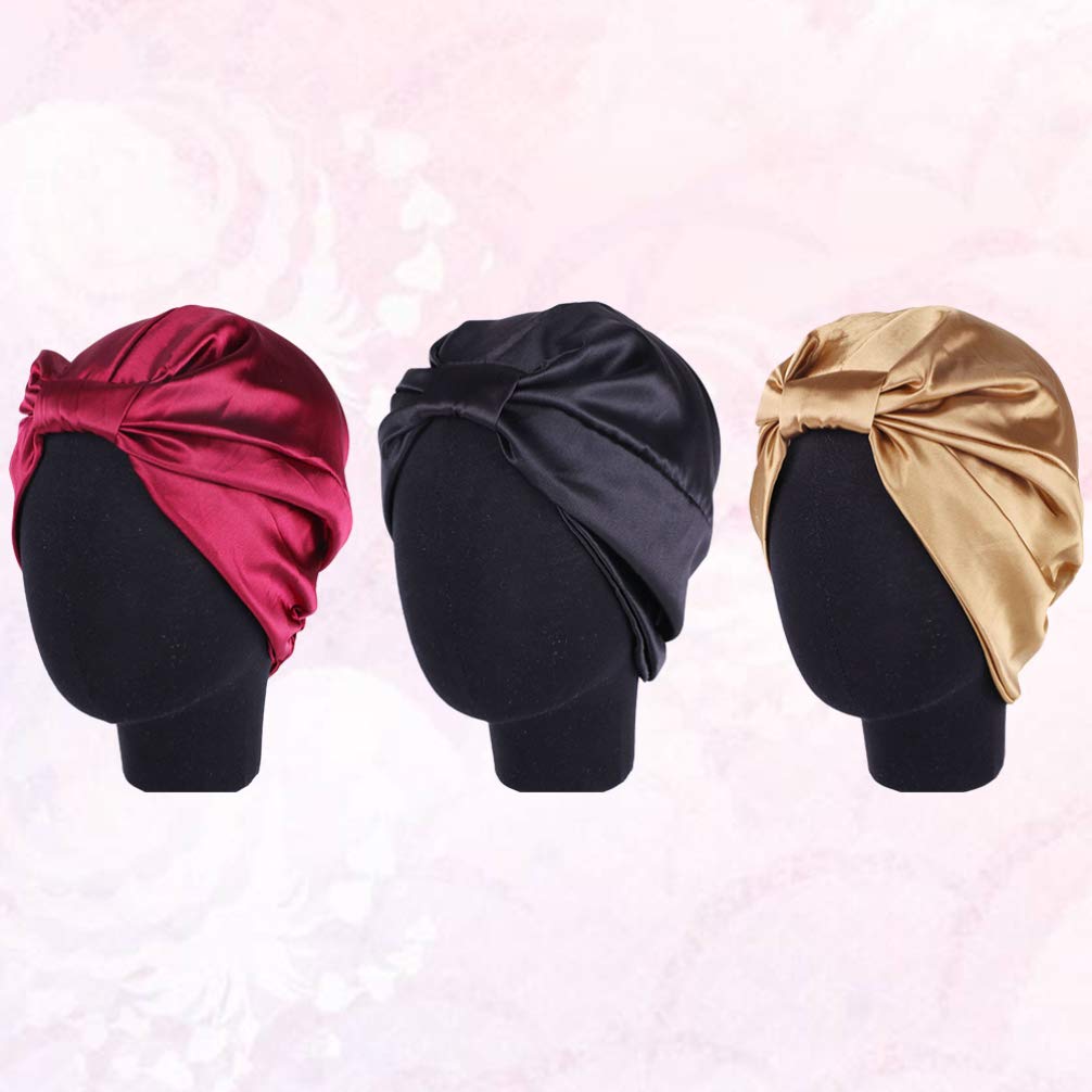 EXCEART 3pcs Satin Silk Lined Sleep Cap Beanie Hat Elastic Night Headwear Turban Sleep Cap Black Wine Red Khaki