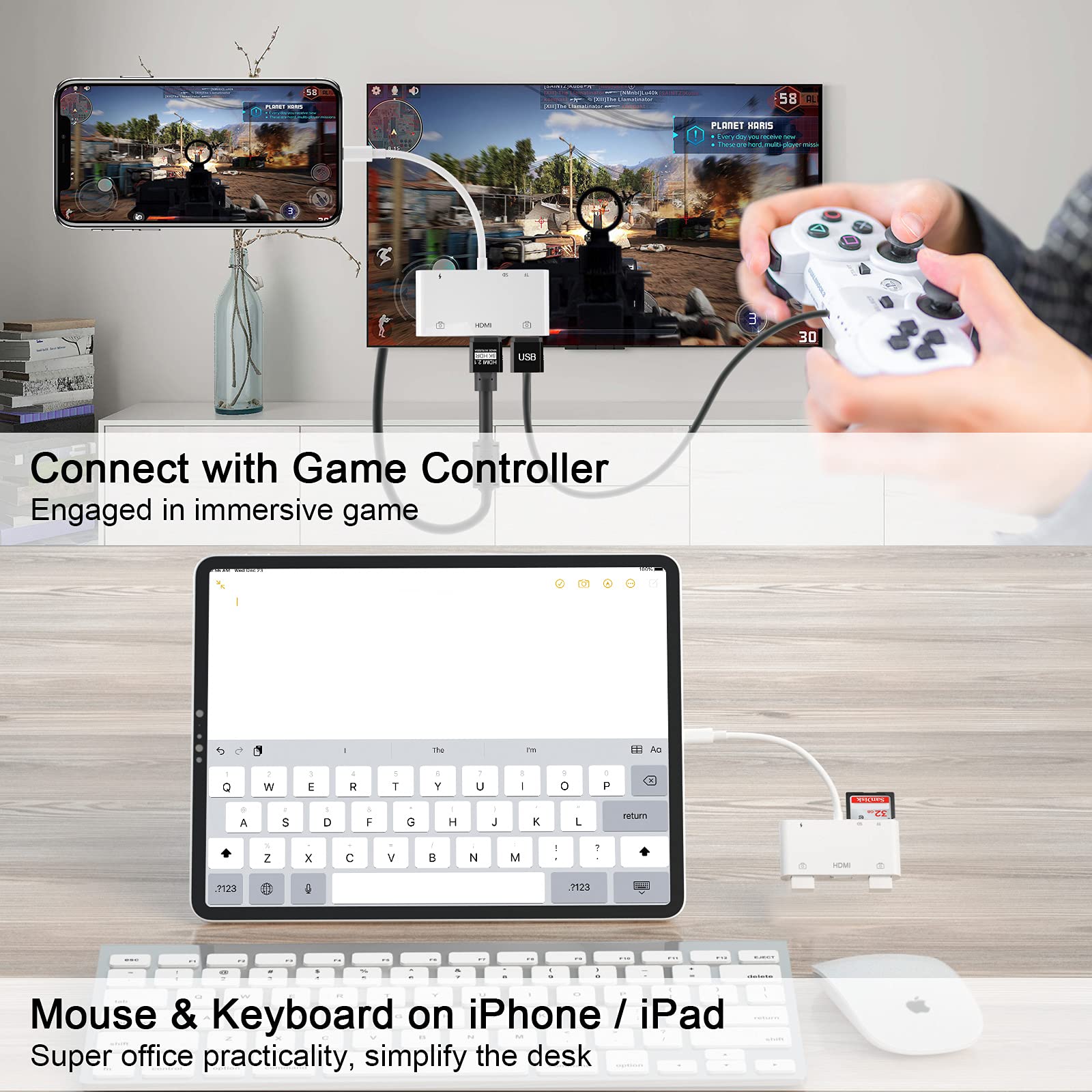 iphone to HDMI USB Adapter for iPhone/iPad to TV, 6 in 1 USB Camera Adapter to iPhone/ iPad Adapter with HDMI Adapter, SD & TF Card Reader, Power Delivery Compatible with iPhone/iPad/iPod and More