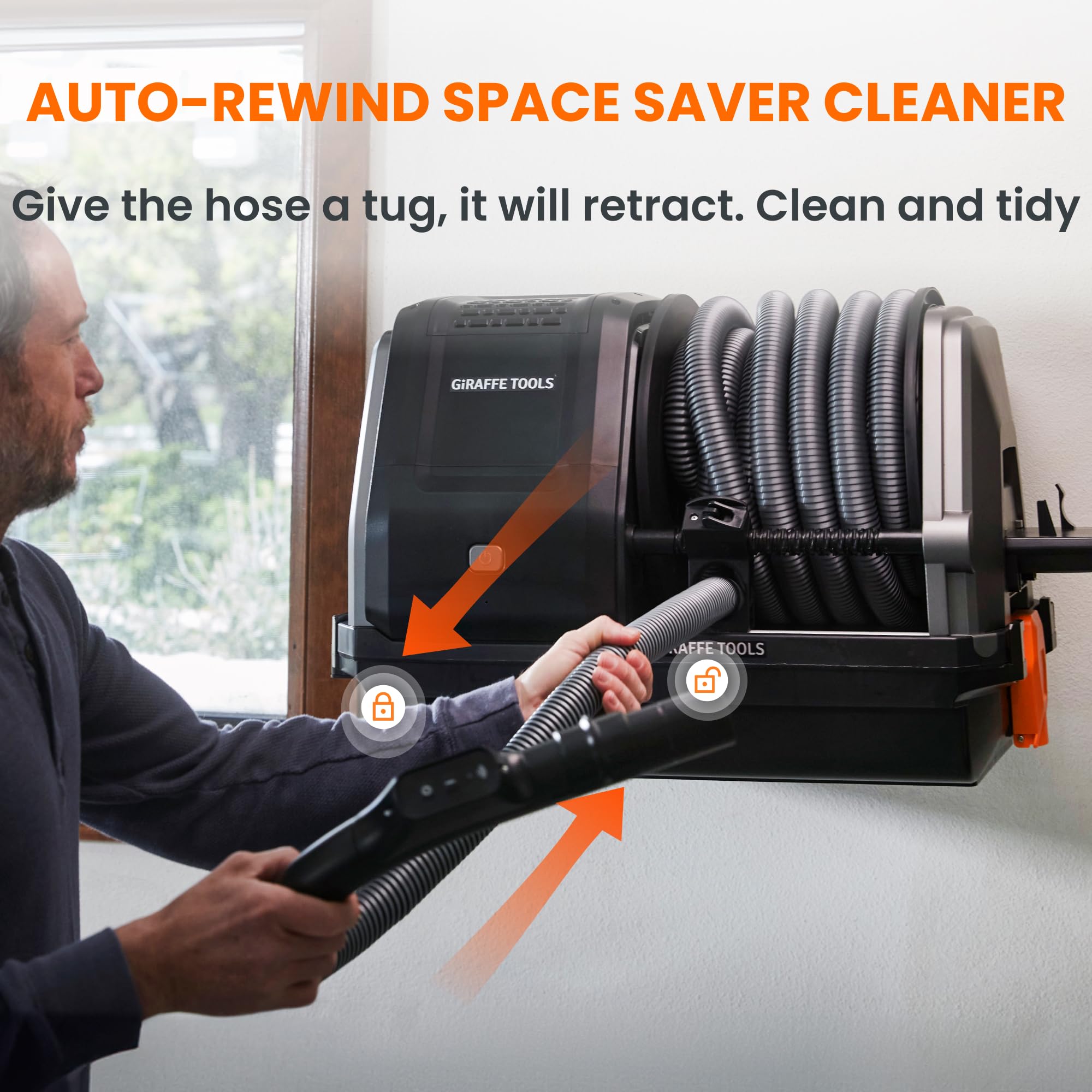 Giraffe Tools Wall-Mounted Vacuum Cleaner with 30 FT Retractable Hose, Wet Dry Vacuum Cleaner with 6 Nozzles for Car Detailing Remote Control, Grey